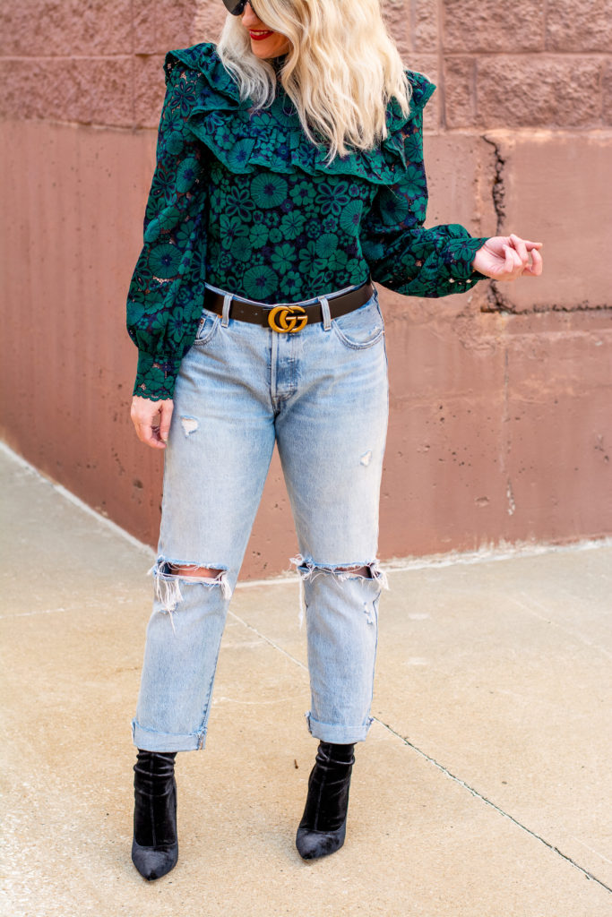 Sock Boots with a Green Lace Blouse + Levi's. | Le Stylo Rouge