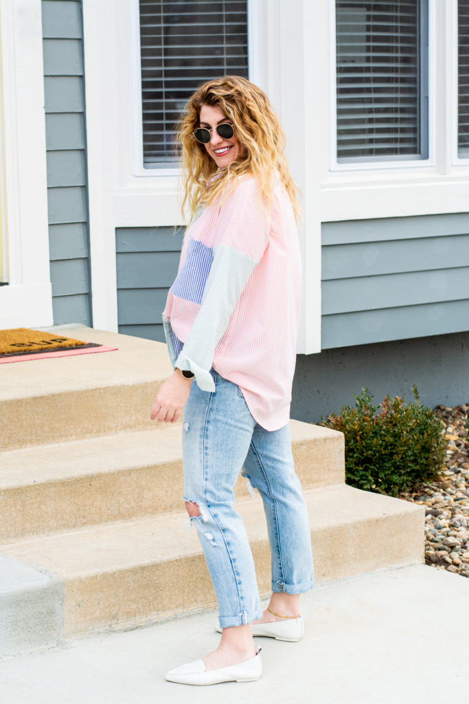 Color Block Pastel Button-up + White Loafers. | LSR