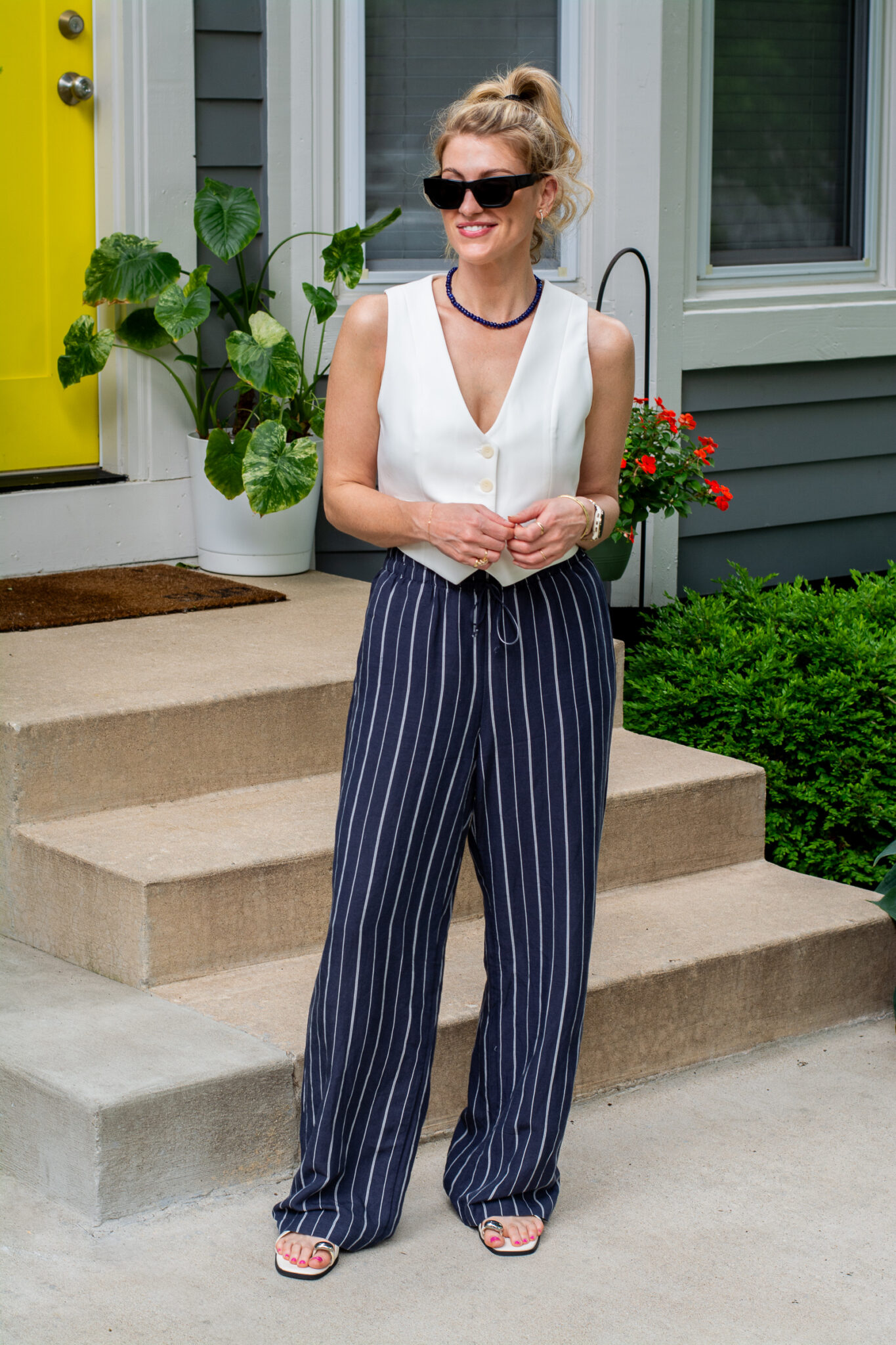 Navy Pinstripe Wide-leg Linen Trousers. | LSR